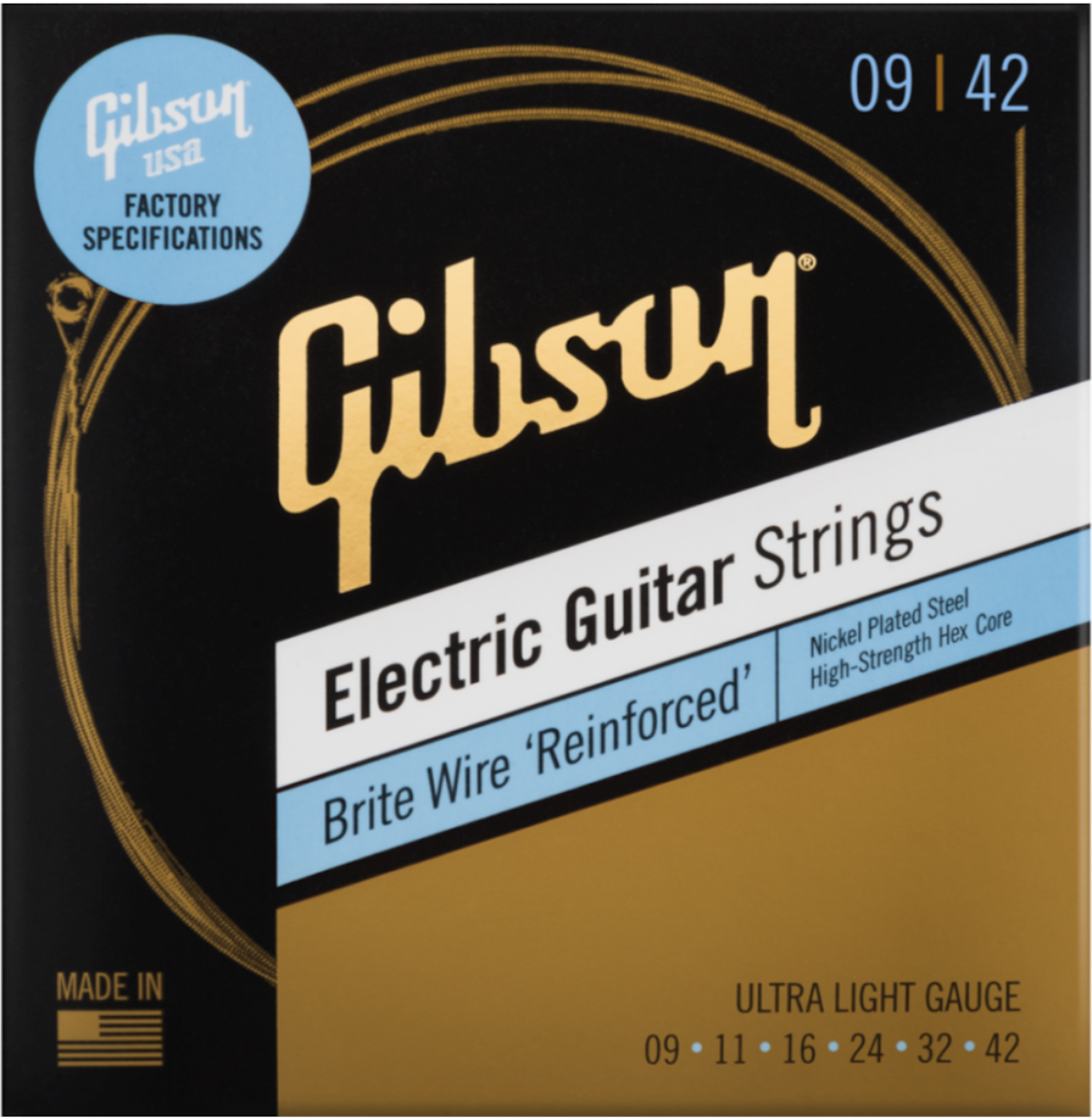 Gibson Brite Wire 'Reinforced' Electric Guitar Strings Ultra-Light 09 ...